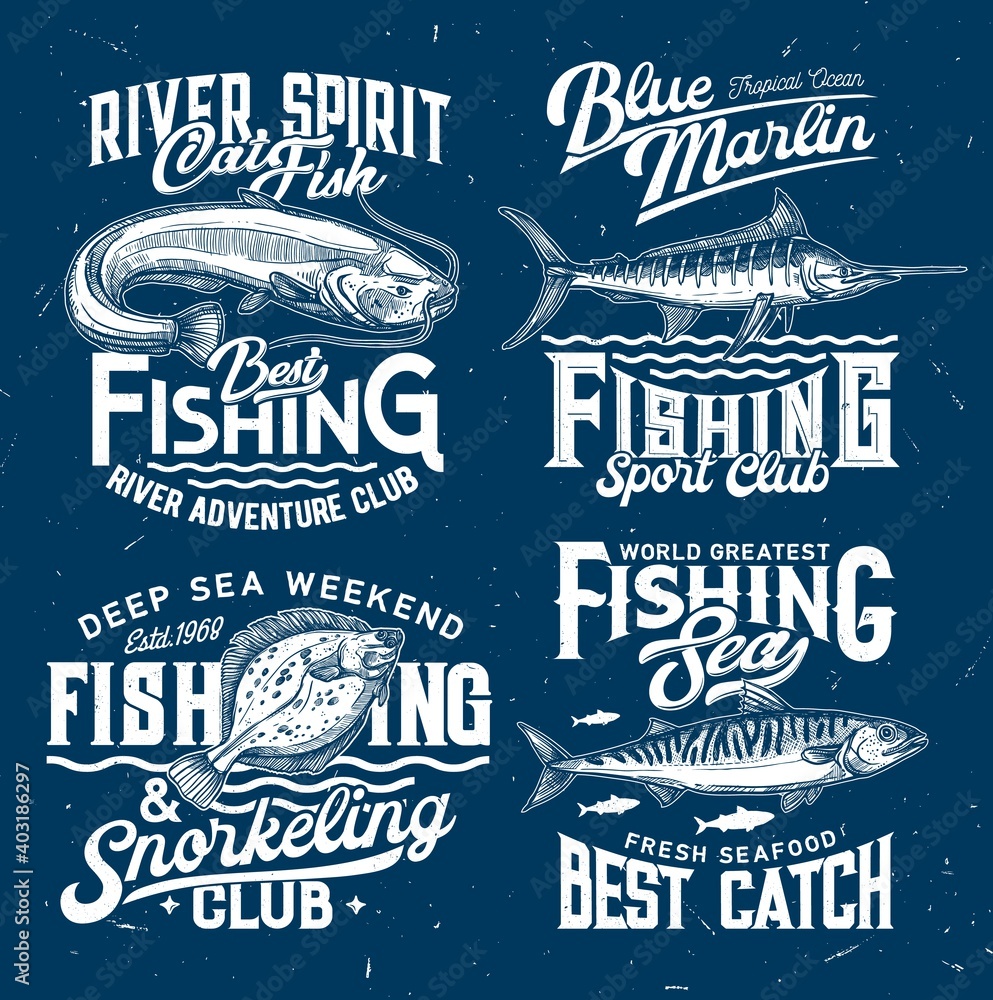 Fishing club icons, sport t-shirt print templates, fishes and sea water ...