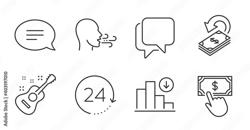 Decreasing graph, Talk bubble and Chat line icons set. 24 hours ...