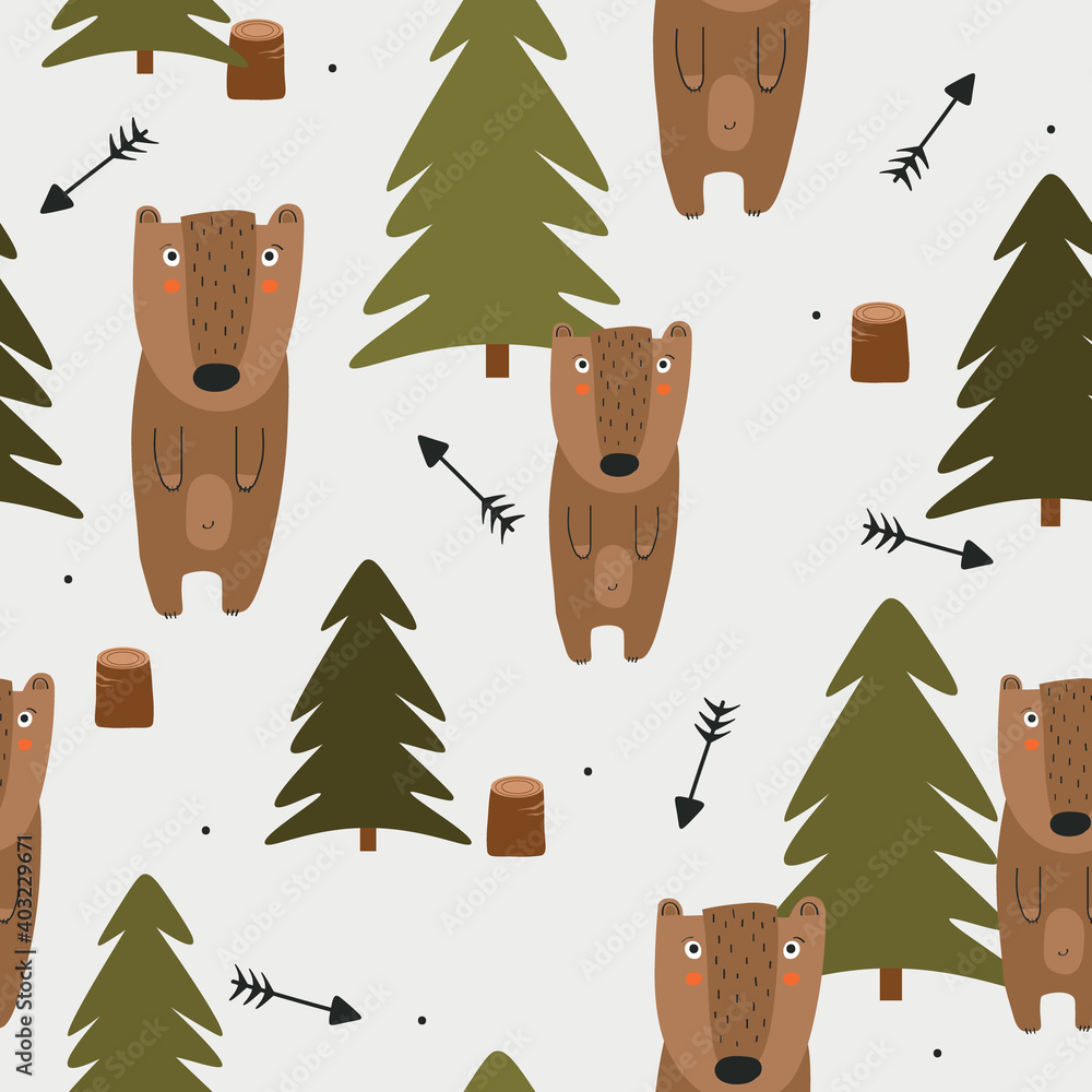 Seamless pattern, bears, fir trees, arrows, hand drawn overlapping ...
