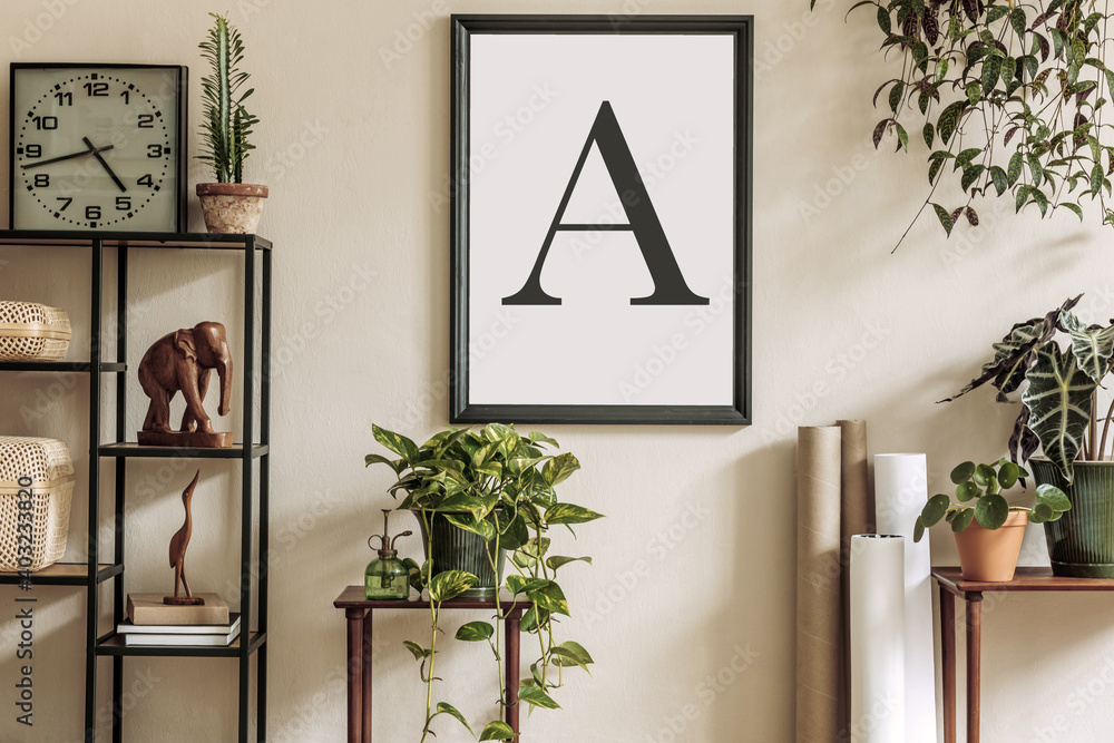 Stylish retro home staging of living room with black mock up poster ...