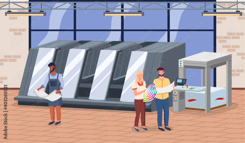 Printing house different equipment. Printer plotter, offset cutting machines and people workers ...