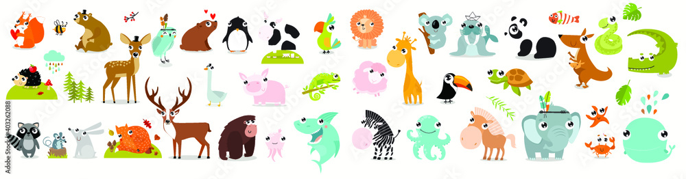 Big vector set of animals. cow, alligator, bear, panda, penguin ...