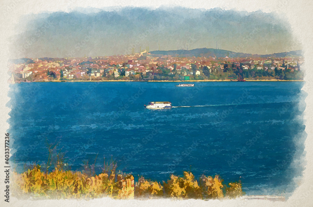 Watercolor drawing of Cityscape of Istanbul city historical centre with ...