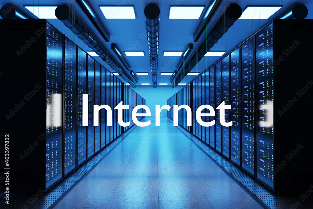 internet logo in large modern data center with multiple rows of server ...