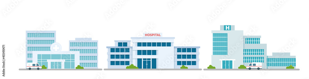 Cartoon modern medicine clinic skyscrapers set, outdoor facade hospital ...