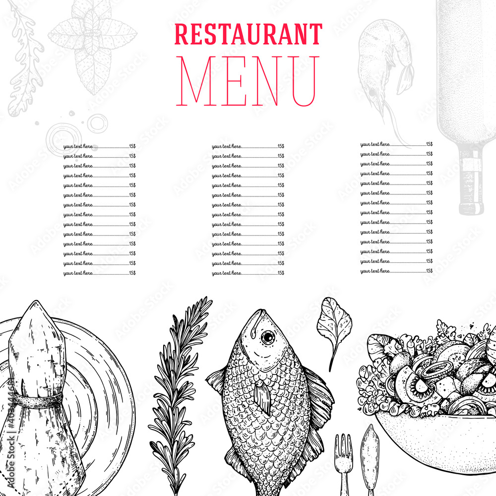 Restaurant menu. Food top view. Sketch illustration. Food menu design ...