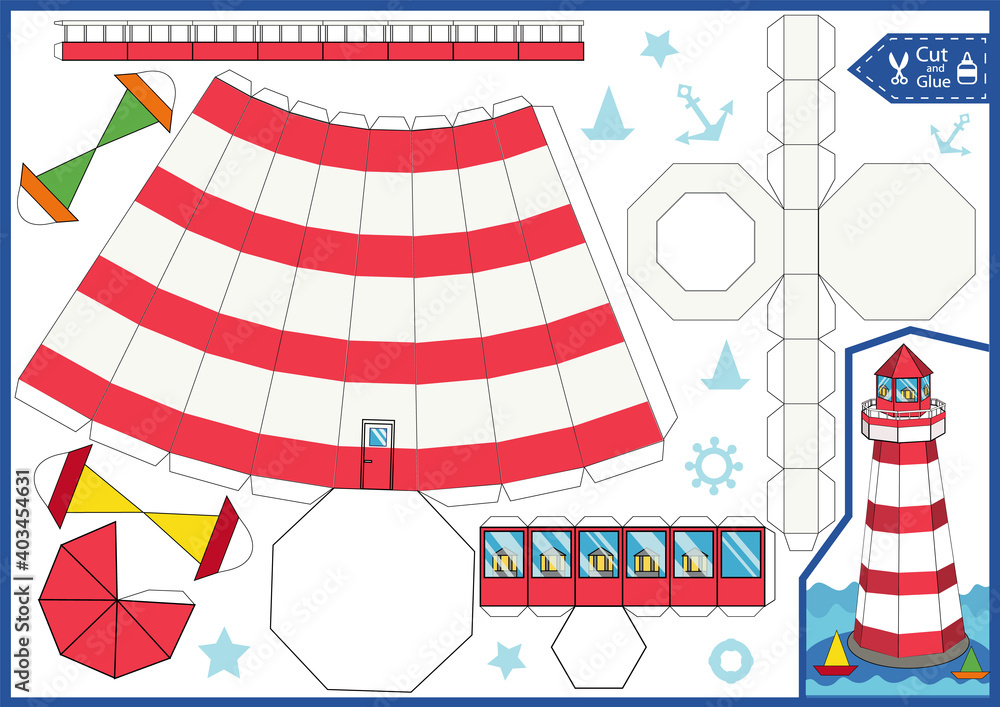 Cut and glue the paper 3d lighthouse. Children craft worksheet. Art ...