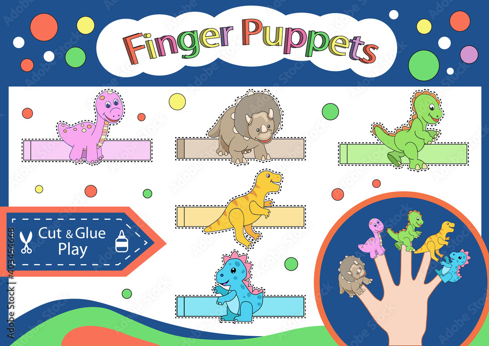 Finger puppets. Cut and glue the paper cute dinosaurs. Worksheet with ...