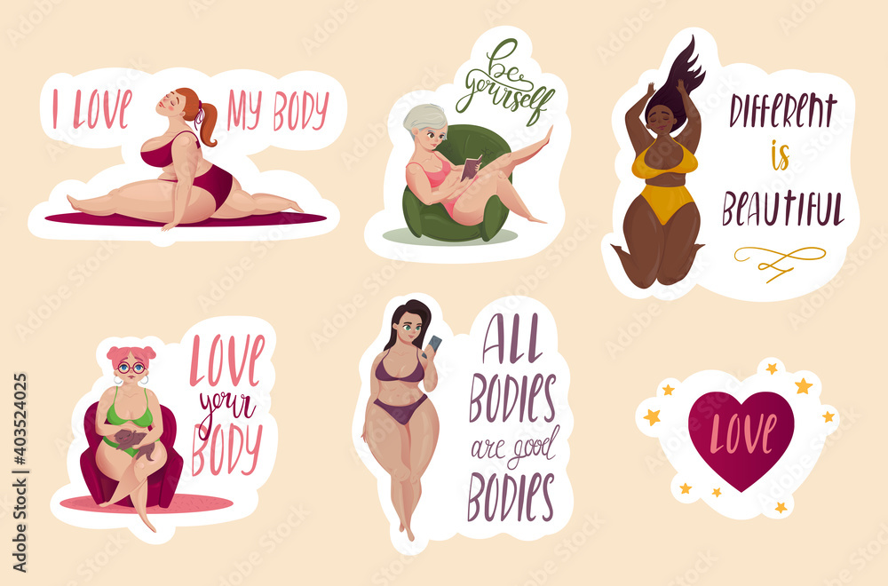 Vector de Stock Happy body positive concept, set of stickers with lettering. I love my body ...
