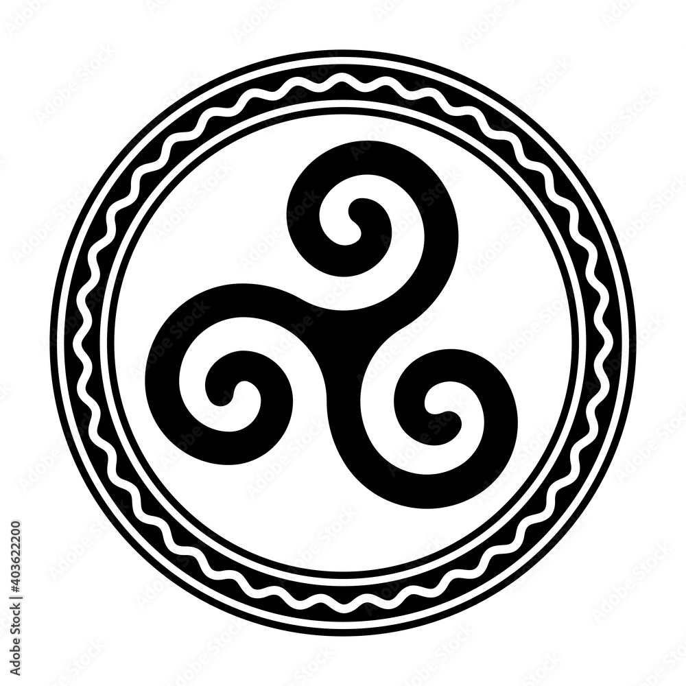 Triskele within a circle frame with a white wavy line. Triskelion ...