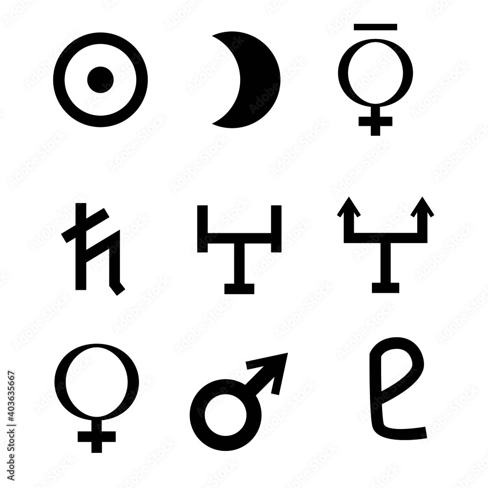 Set of black symbols of planets isolted on white . Vector symbols of ...
