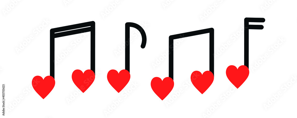 Musical notes heart shaped vector illustration set isolated on white ...