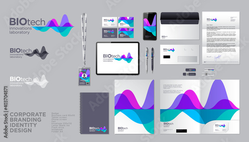 Biotech logo. DNA molecules consist of transparent shapes like ...