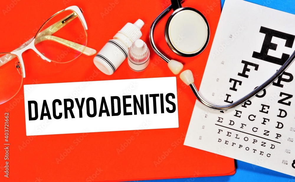 Dacryoadenitis. Text label to indicate the state of vision health ...