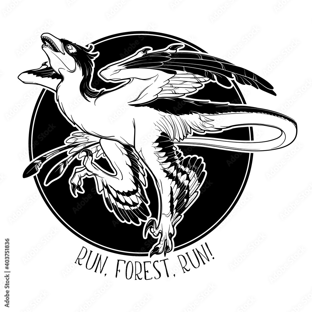 Hunting microraptor. Black linear hand drawing isolated on a white ...