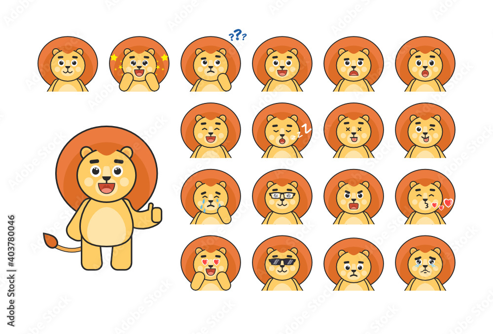 Vektor Set of cute lion character avatars, emoticons, emojis. Cartoon ...