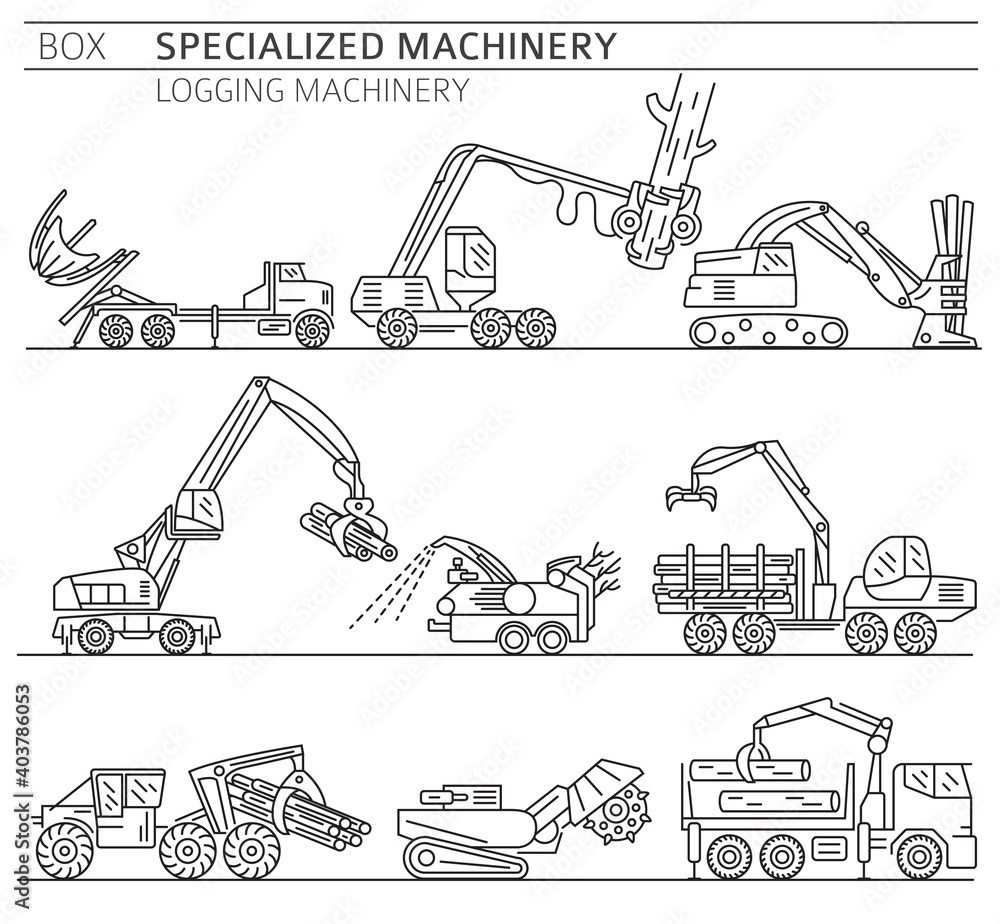 Special industrial logging machine linear vector icon set isolated on ...