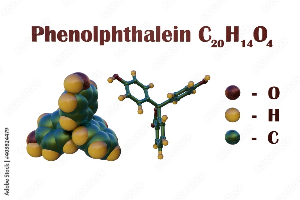 Structural chemical formula and molecular model of phenolphthalein, an ...