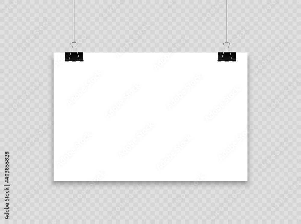 Blank poster hanging on clips. A4 paper page In landscape formats ...