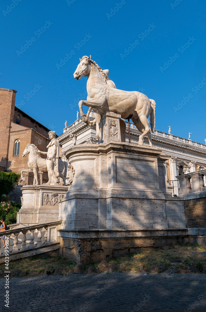 Piazza del Campidoglio, with the marble statues of the Dioscuri, Castor ...