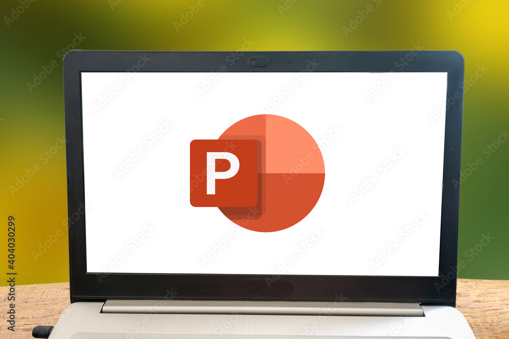 Laptop computer displaying Microsoft Office PowerPoint logo app. Stock Photo | Adobe Stock