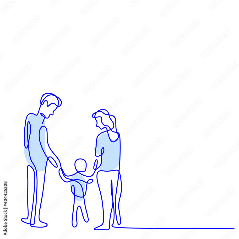 Continuous one line drawing of happy family. Father, mother are help ...