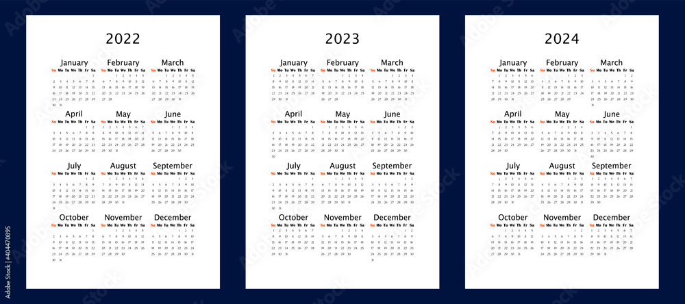 Yearly calendar for 2022 2023 2024 years, vertical A4 format, week ...