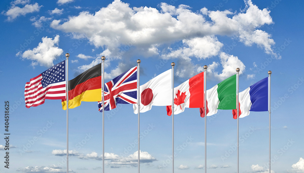 G7 flags . Silk waving flags of countries of Group of Seven : Germany ...