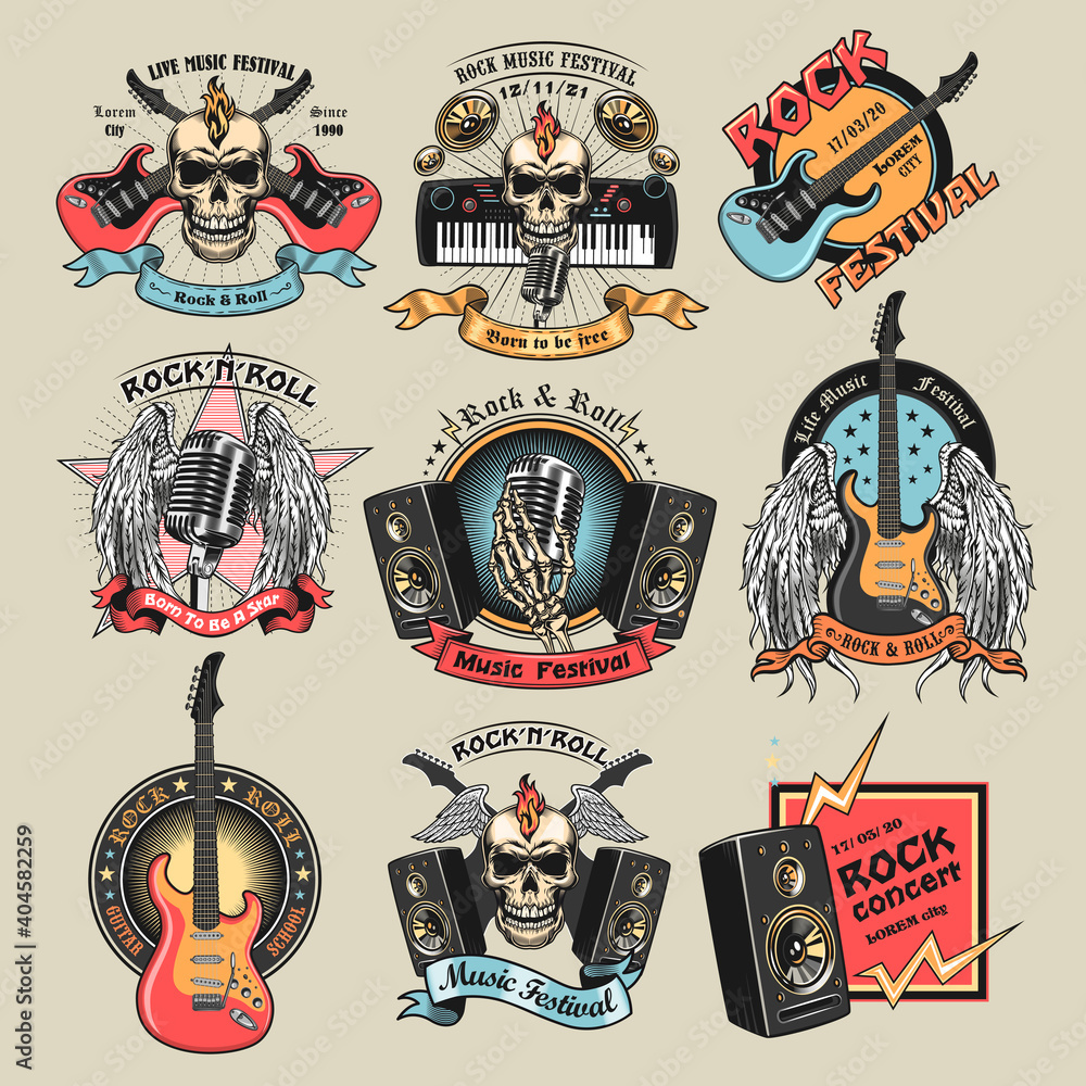 Colorful rock music emblems set. Bright badges with skulls, guitars ...