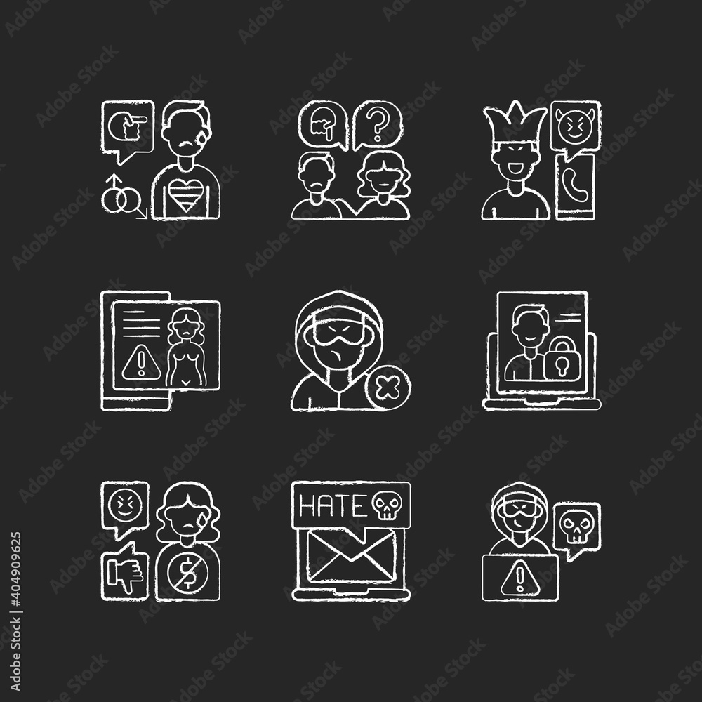 Social media bullying chalk white icons set on black background. LGBT ...