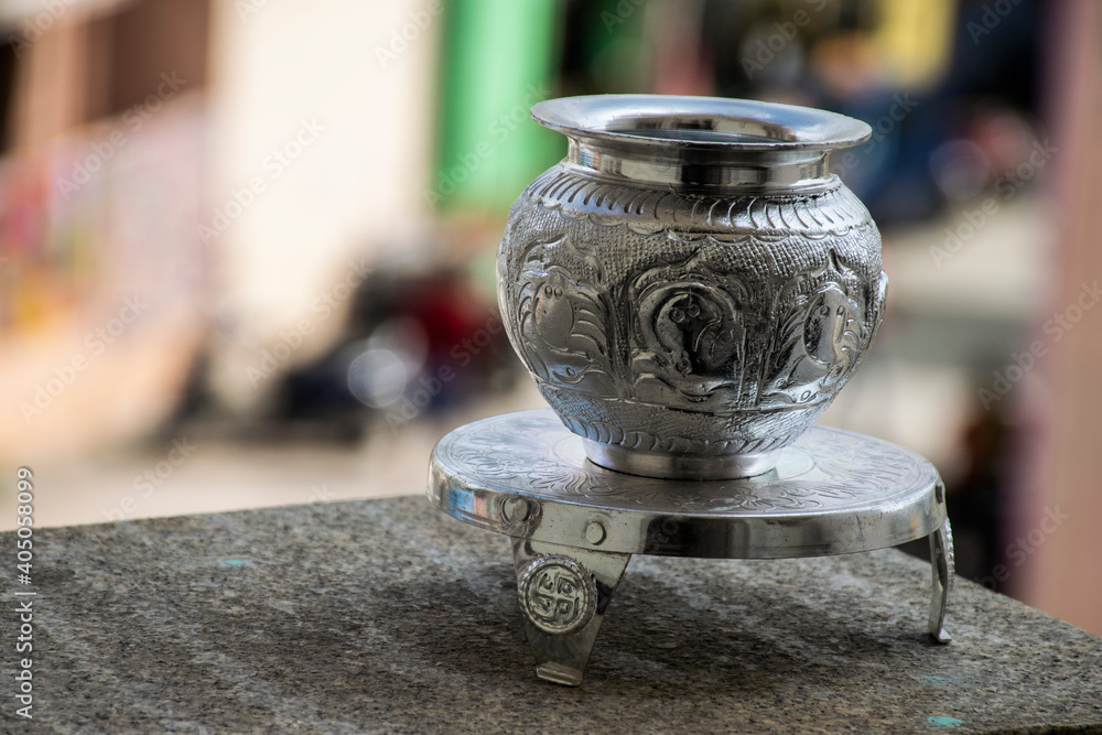 Beautiful carved silver pot or kalash and stand used in hindu rituals ...