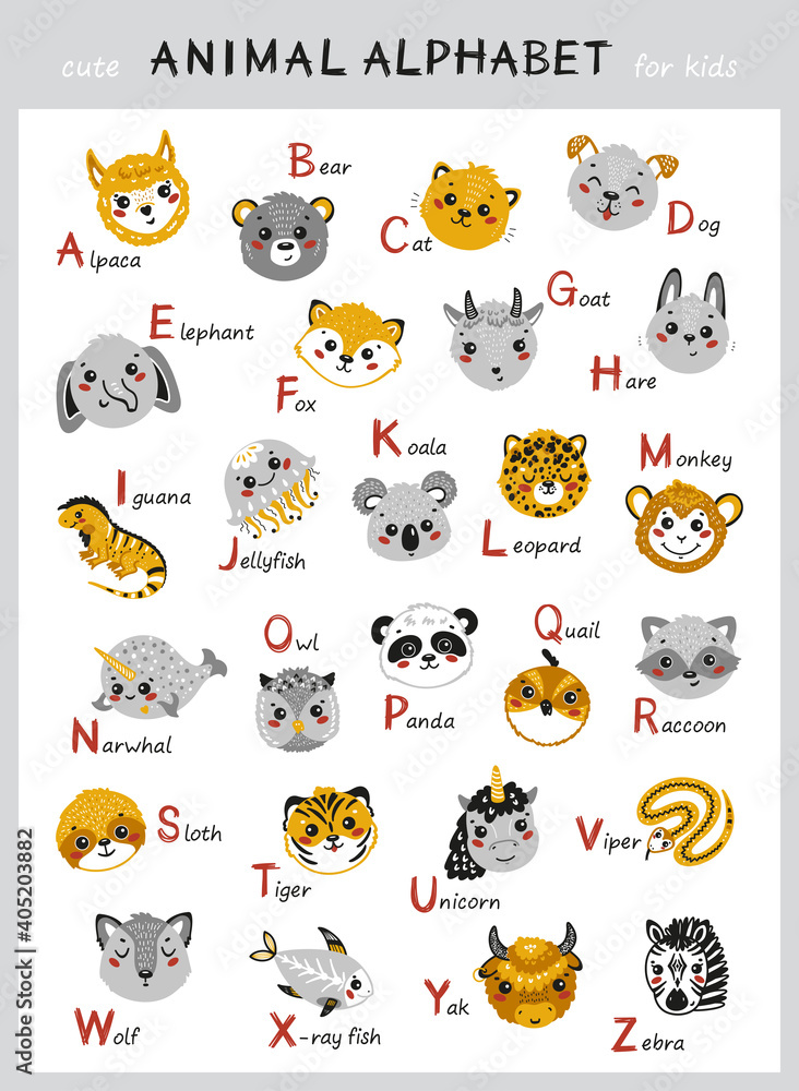 Cute Animal Alphabet for Children. Cartoon English Alphabet for Kids ...