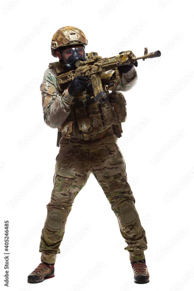 Full length portrait of special force soldier wearing military uniform ...