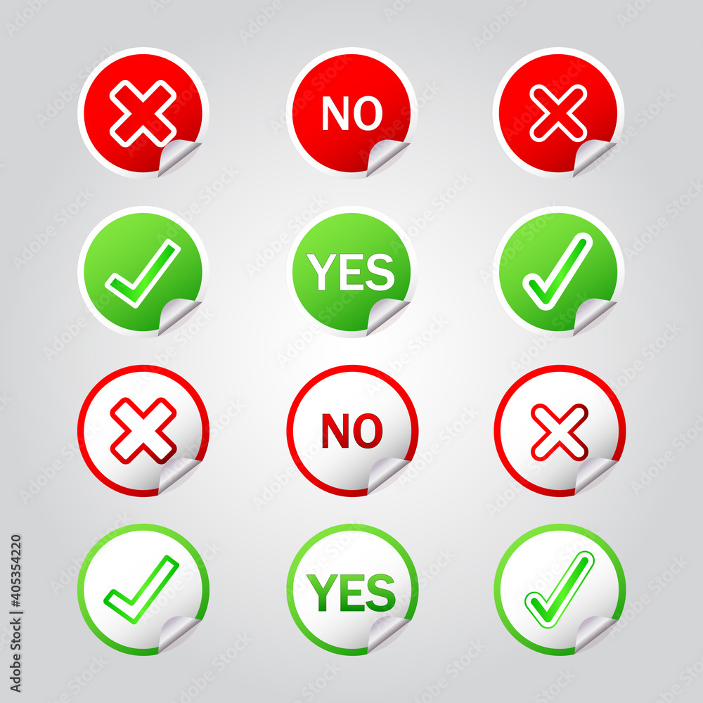 Vector stickers with consent and denial, check mark and cross mark icon ...