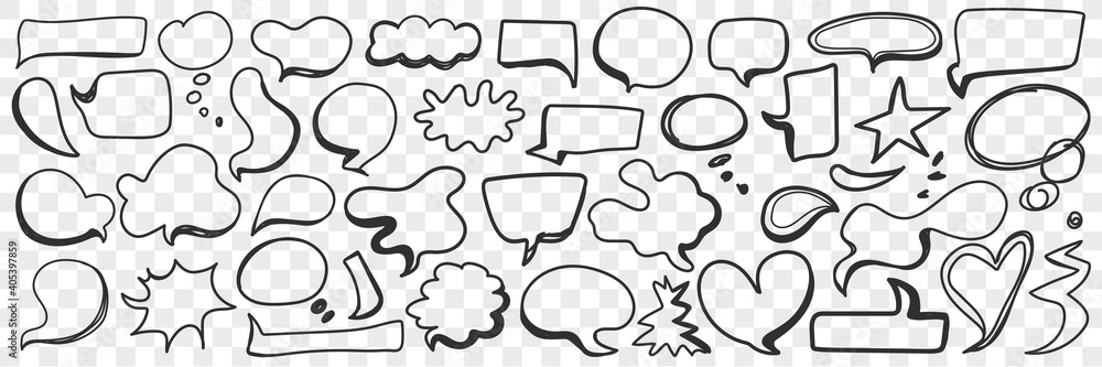 Various shapes of chat bubble doodle set. Collection of hand drawn ...