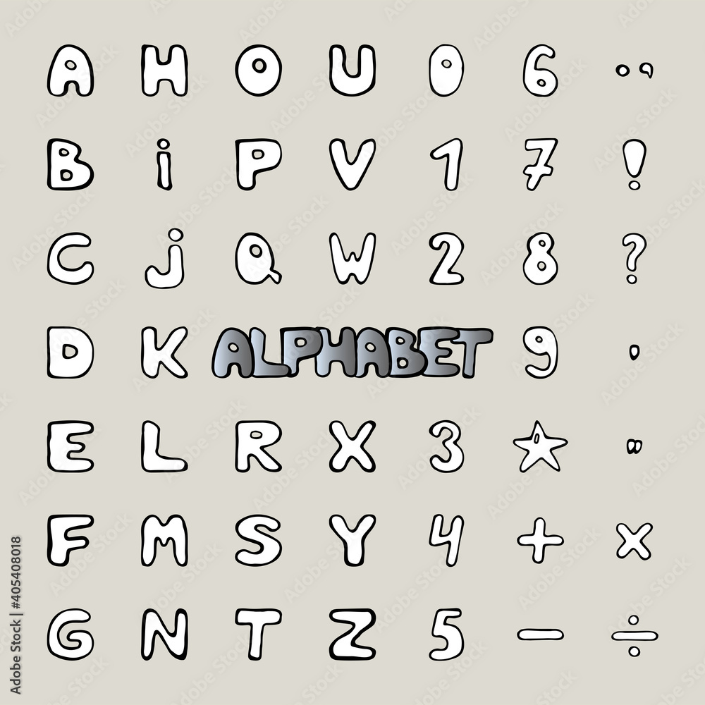 Vector hand drawn latin alphabet, numbers and symbols. Child style ...