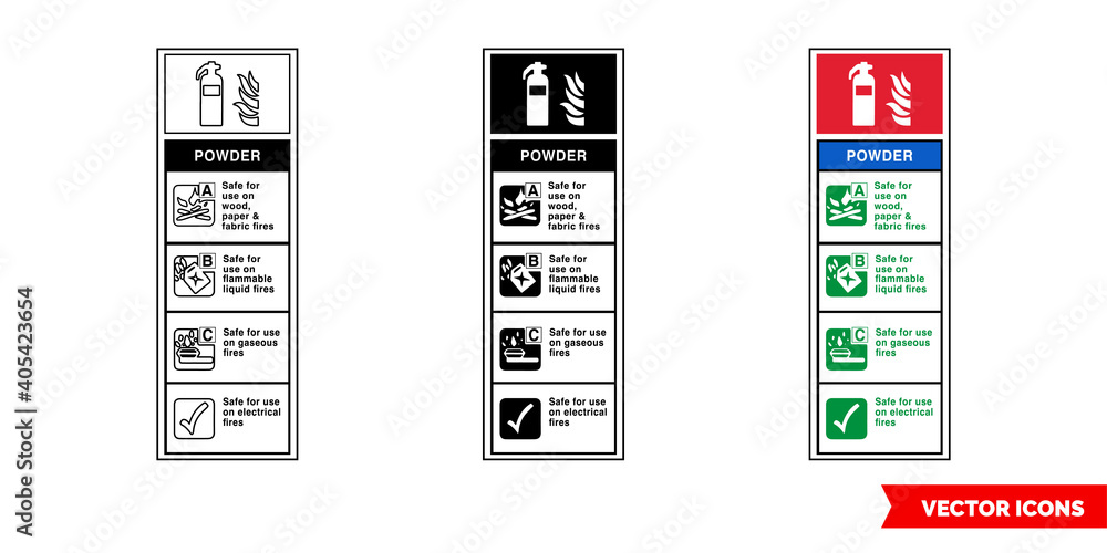 Powder fire extinguisher id sign icon of 3 types color, black and white ...