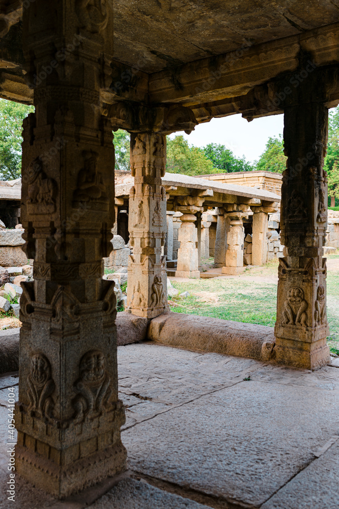 India, Karnataka, Hampi, granite ancient monumental stone temple in ...