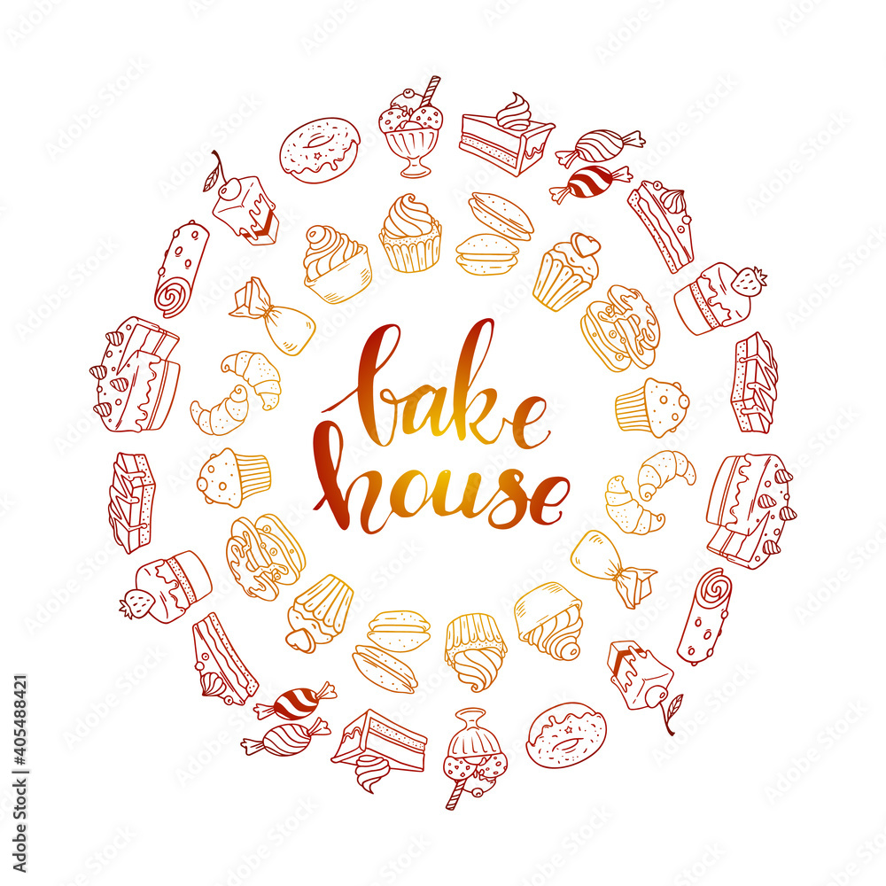 Bakehouse lettering logo, circle frame with bakery, pastry symbols ...