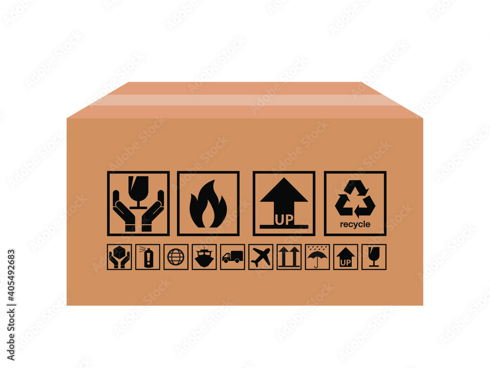 เวกเตอร์ Stock Cardboard box mockup with Packaging symbols on the box ...