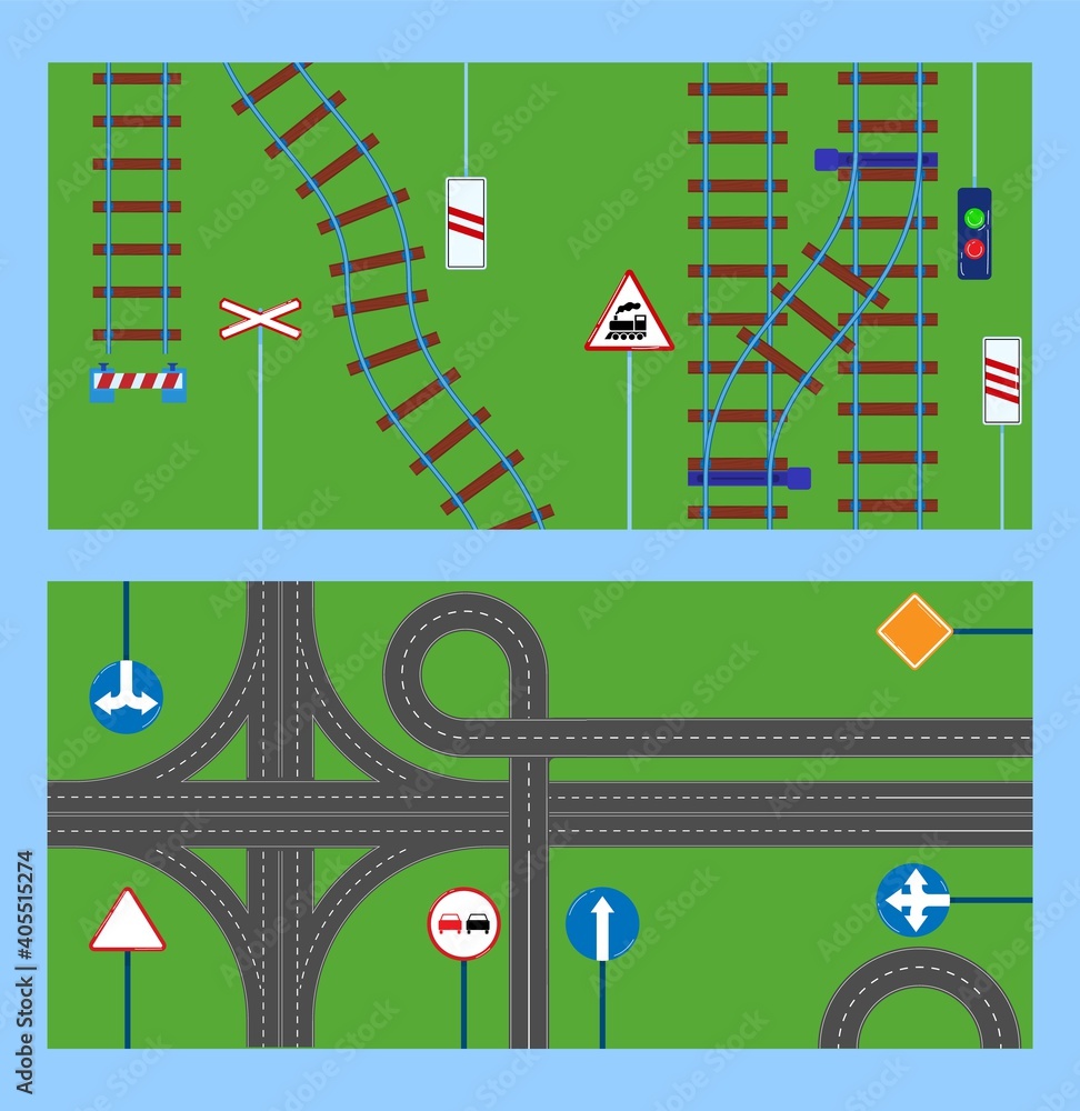 Subway, railway with underground lines scheme, way precaution signs ...