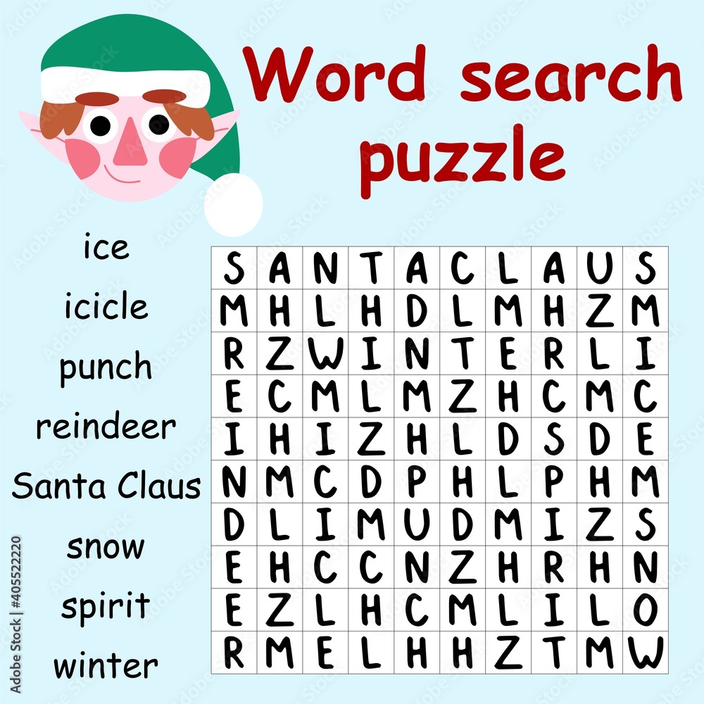Winter themed word search puzzle with elf stock vector illustration ...
