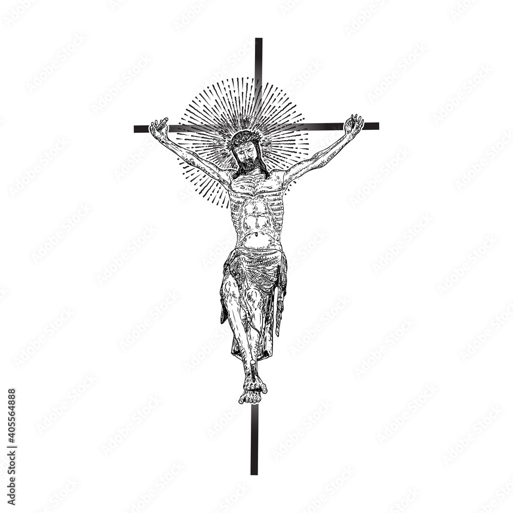 Jesus Christ on the cross with Rays of halo light and beams, symbol of ...