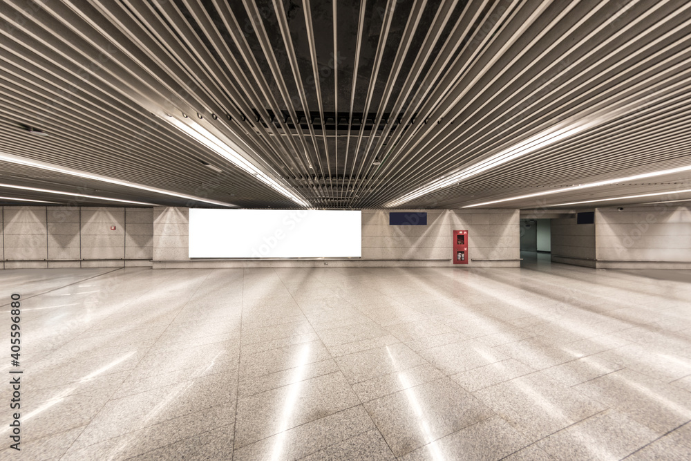 modern airport interior hall with white blank advertising banner ...