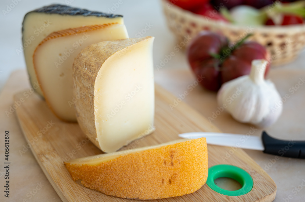 Cheese collection, French fol epi cheese with many little holes, etorki ...