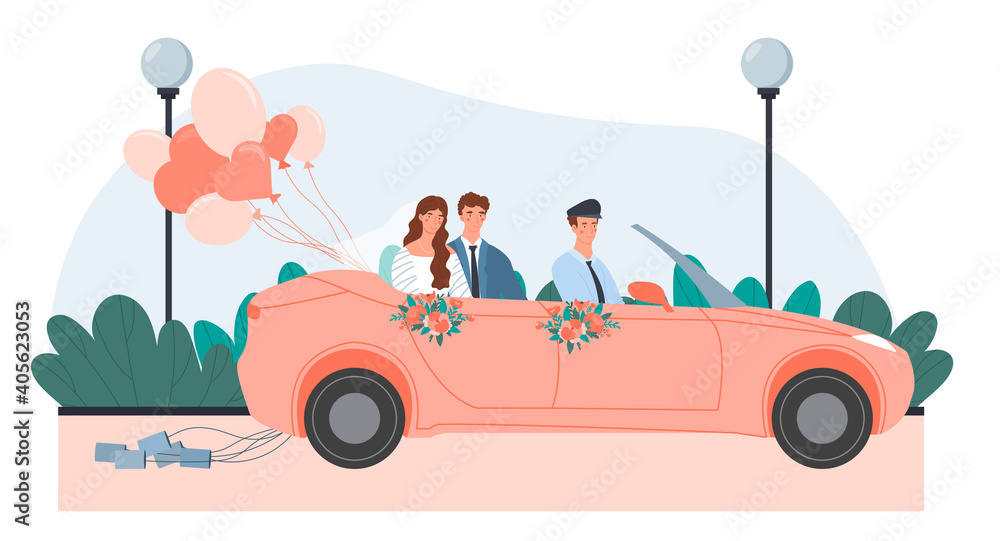 Just married couple in a pink cabriolet car with baloons. Happy couple ...