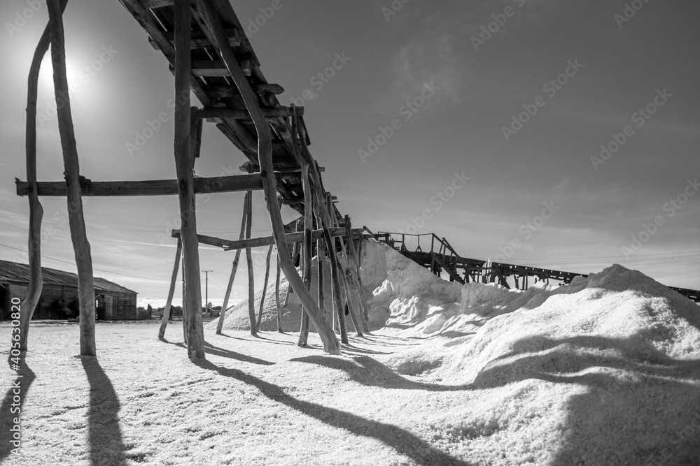 dramatic black and white image of old salt mine still in use on the ...