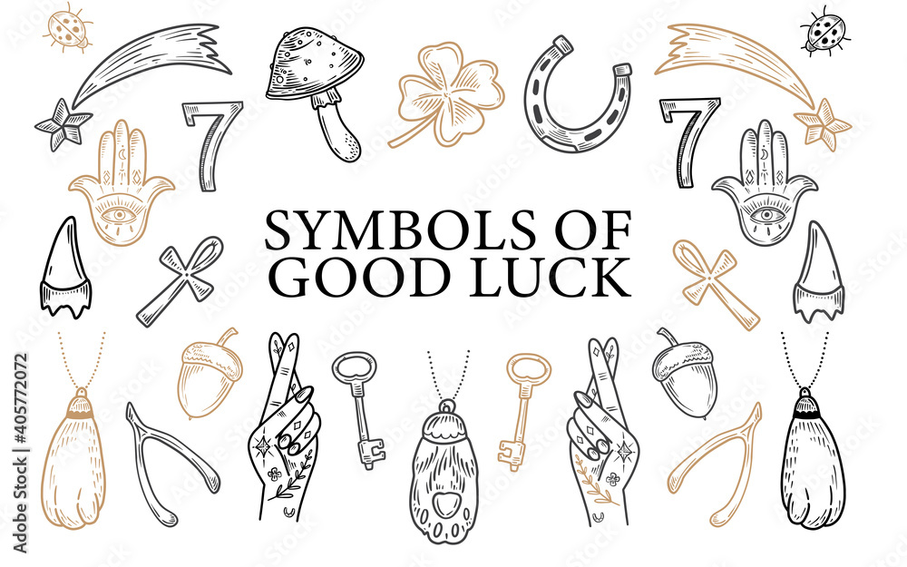 Charms of Good Luck. Hand drawn doodle Lucky symbols set. Luck symbols ...