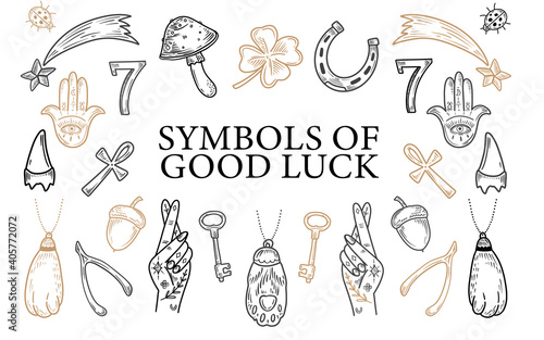 Charms of Good Luck. Hand drawn doodle Lucky symbols set. Luck symbols ...