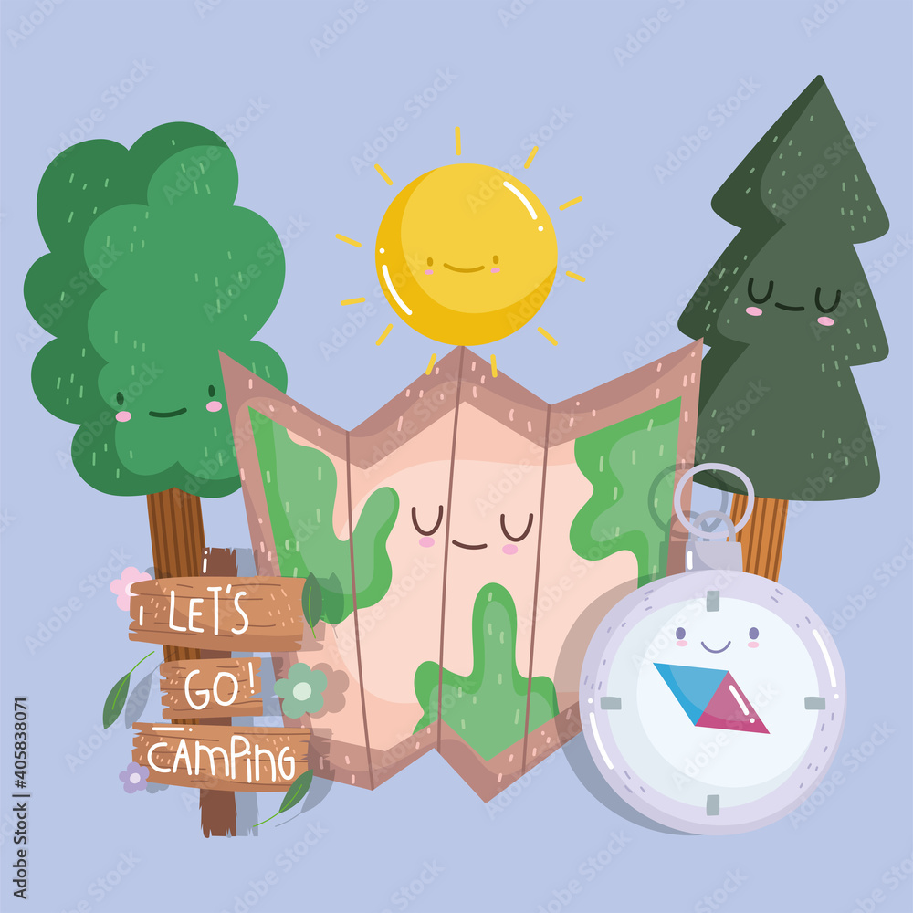 camping forest trees map and cpmpass in cartoon style design Stock ...